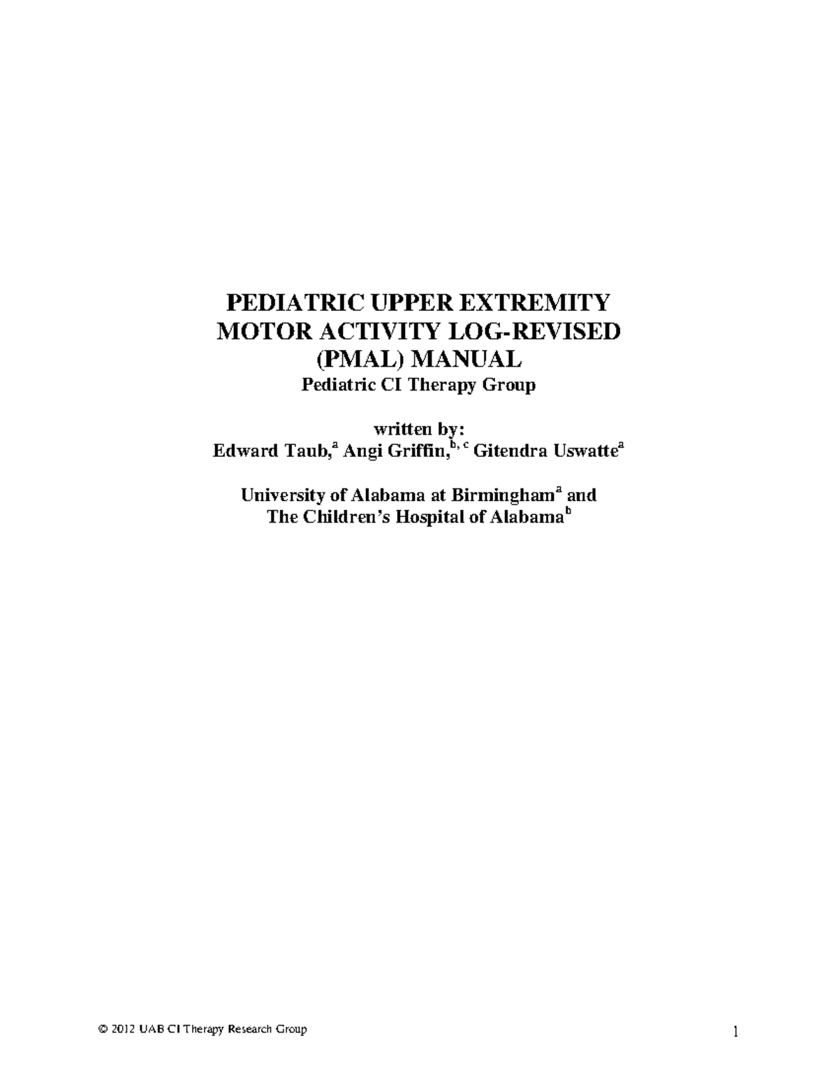 Pediatric Motor Activity Log (PMAL) Manual: Assessment Guide - Studocu