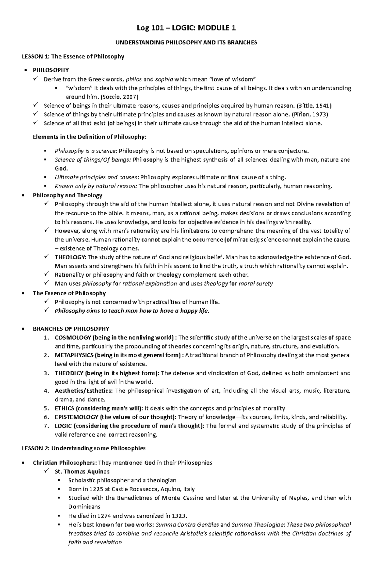 Log 101 Module 1 - //// - Log 101 – LOGIC: MODULE 1 UNDERSTANDING PHILOSOPHY AND ITS BRANCHES ...