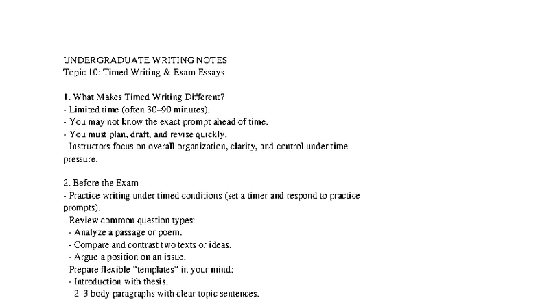 Undergraduate Writing Notes: Timed Writing Exam Essays (Topic 10) - Studocu