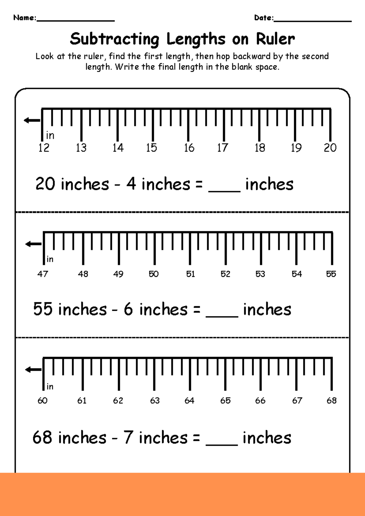 Subtracting Lengths Using Rulers - Worksheet - Name: Date: 13 14 15 16 ...