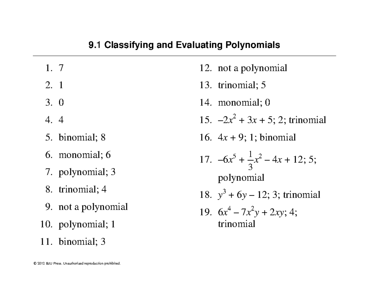 Chapter 9: Classifying, Evaluating, and Operations on Polynomials - Studocu