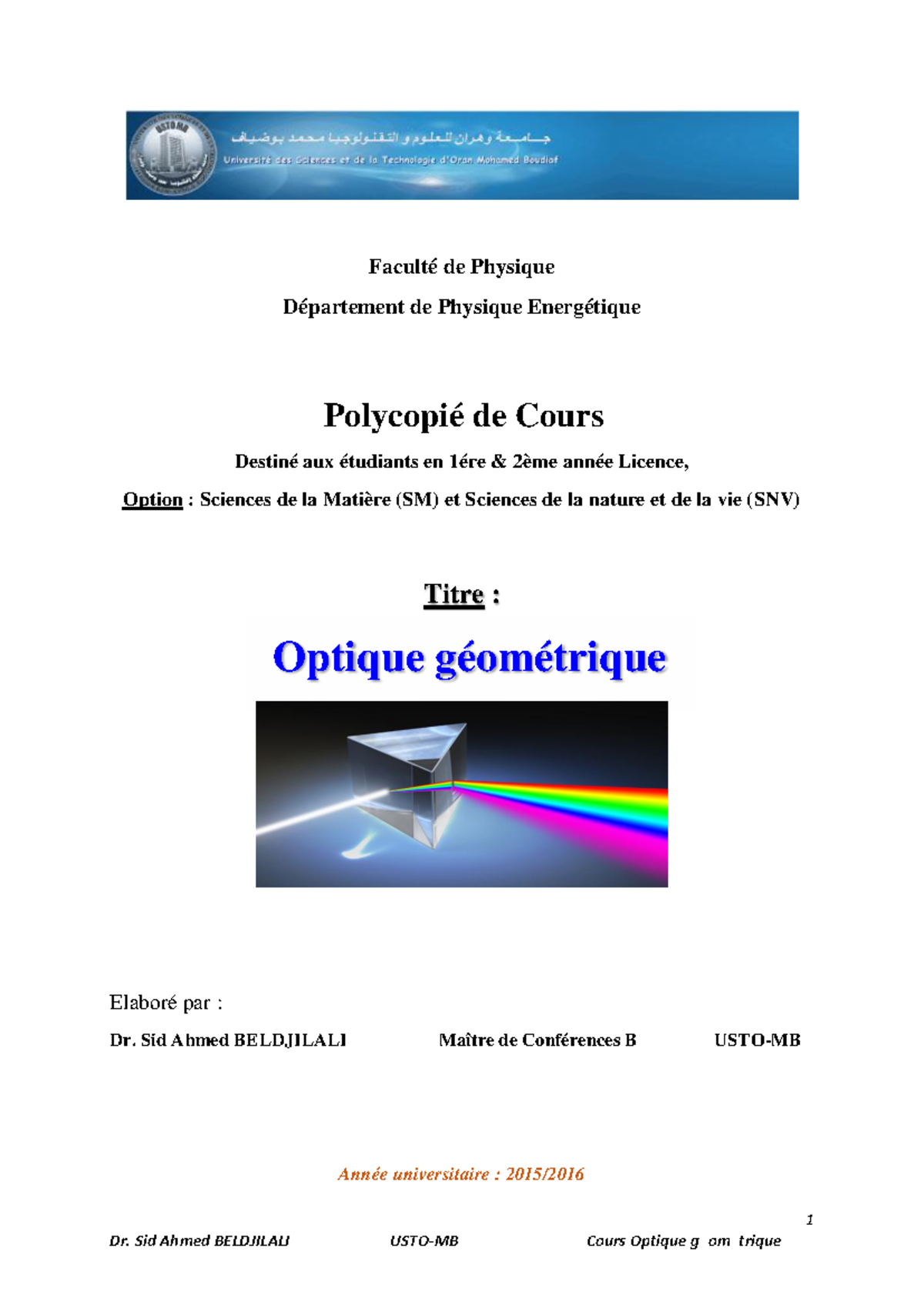 Cours d'Optique Géométrique - Licence 1 & 2 (SM/SNV) - Dr. Beldjilali ...