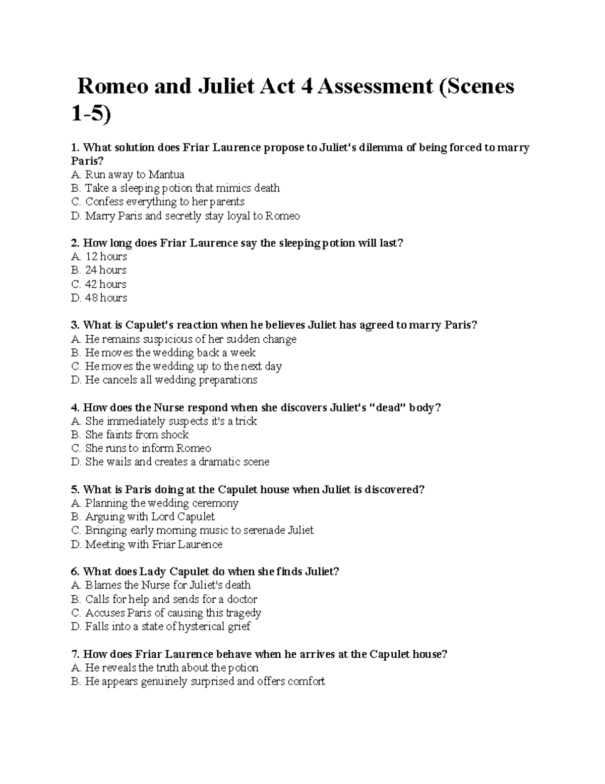 Romeo and Juliet Act 4 & 5 Comprehensive Assessment Guide - Studocu