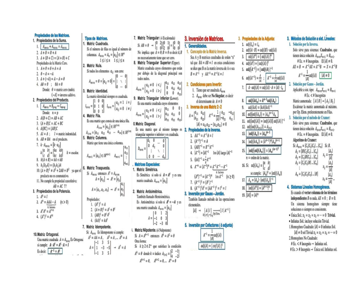 Resumen de Propiedades de Matrices - Alg Lineal (Formulario) - Studocu