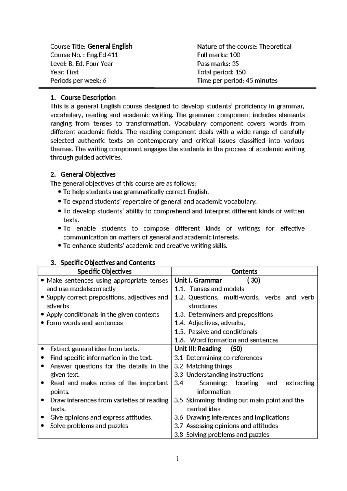 Eng.Ed 411: General English Course Overview and Objectives - Studocu