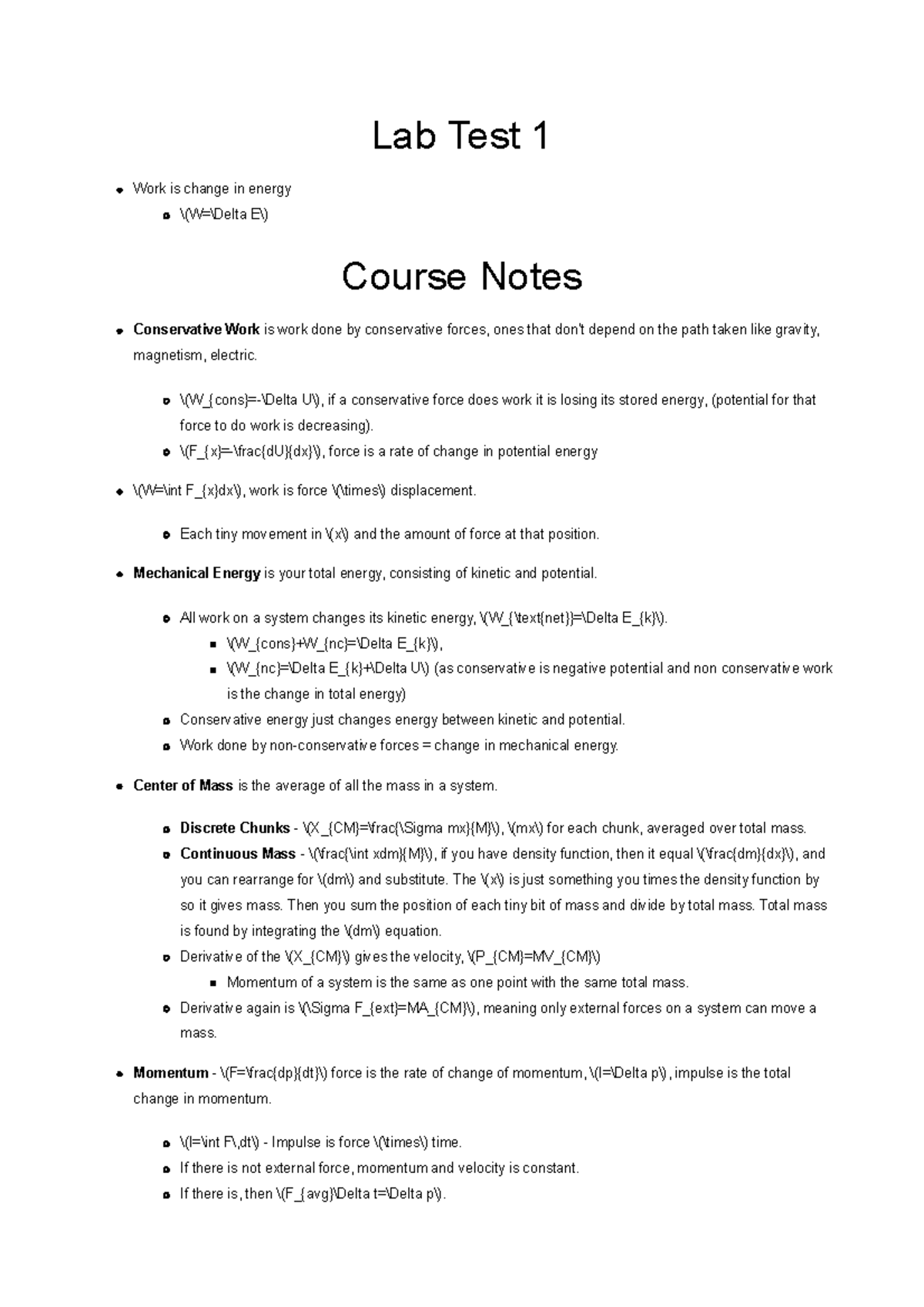 Lab Test 1: Mechanics Notes on Conservative Work and Energy - Studocu