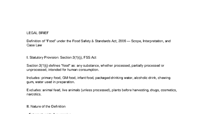 Legal Brief on Food Definition under FSSA 2006: Scope & Case Law - Studocu