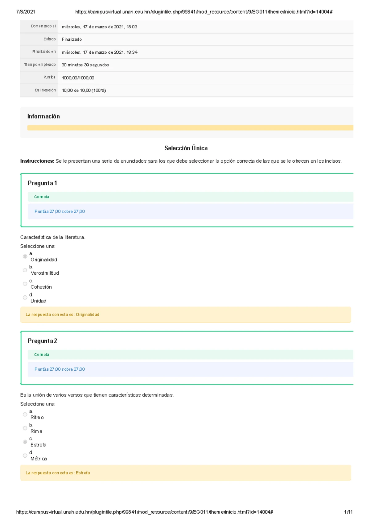 Actividad 15 - Cuestionario - Español General EG011 - Área personal - Cursos - EN CURSO ...
