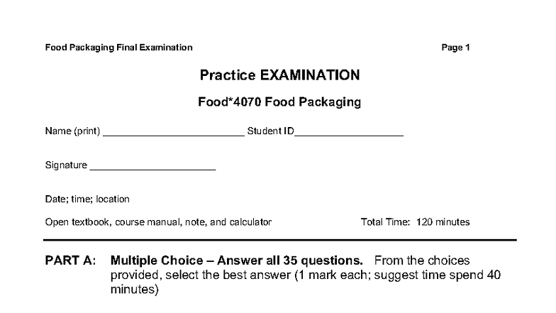 Food Packaging (FP 101) Final Exam Practice Questions - Studocu