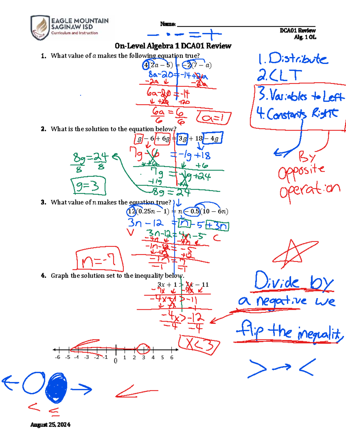 On-Level Algebra 1 DCA01 Review - August 2024 - Studocu