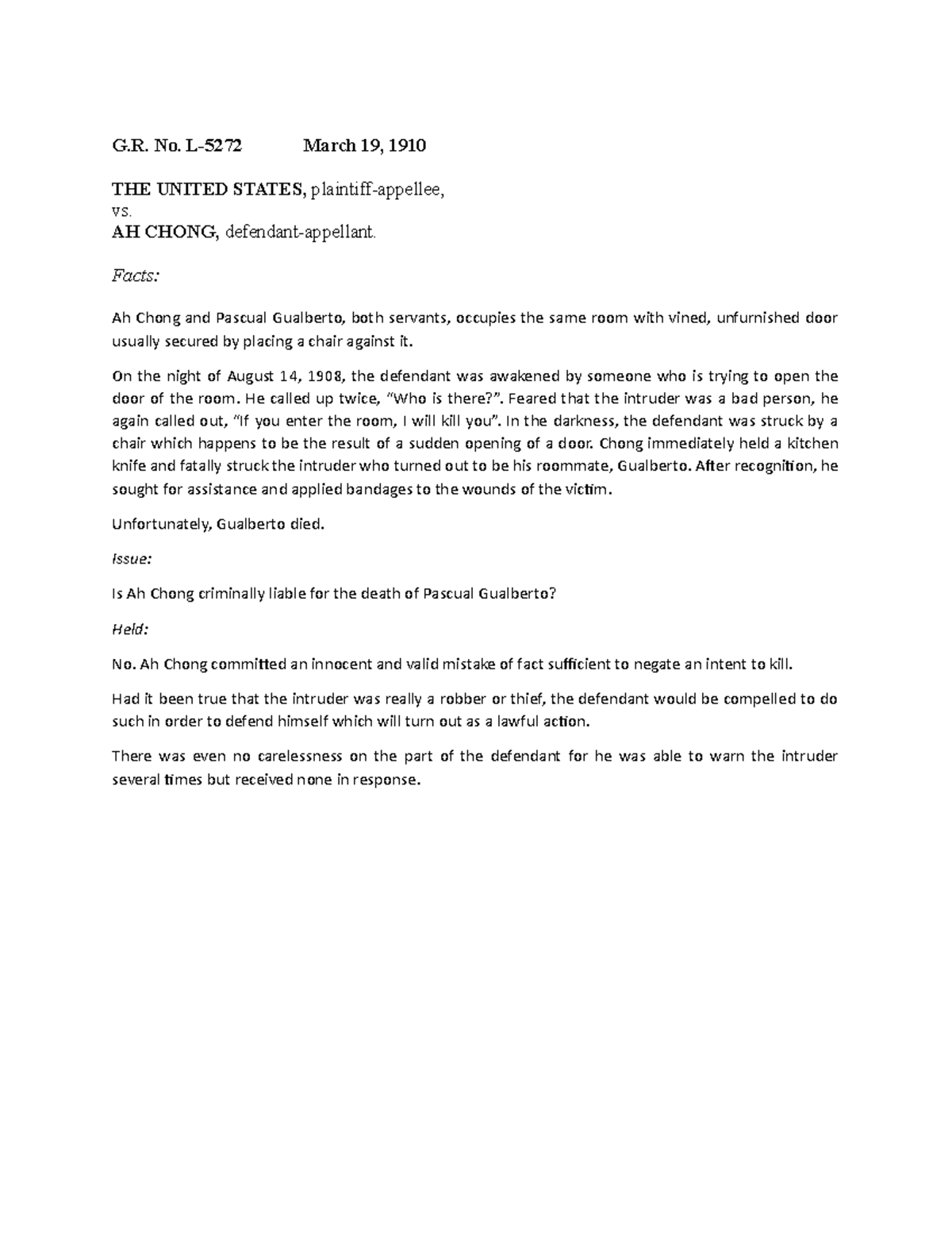 17-CD - US vs Ah Chong - Case Digest Analysis and Implications - Studocu