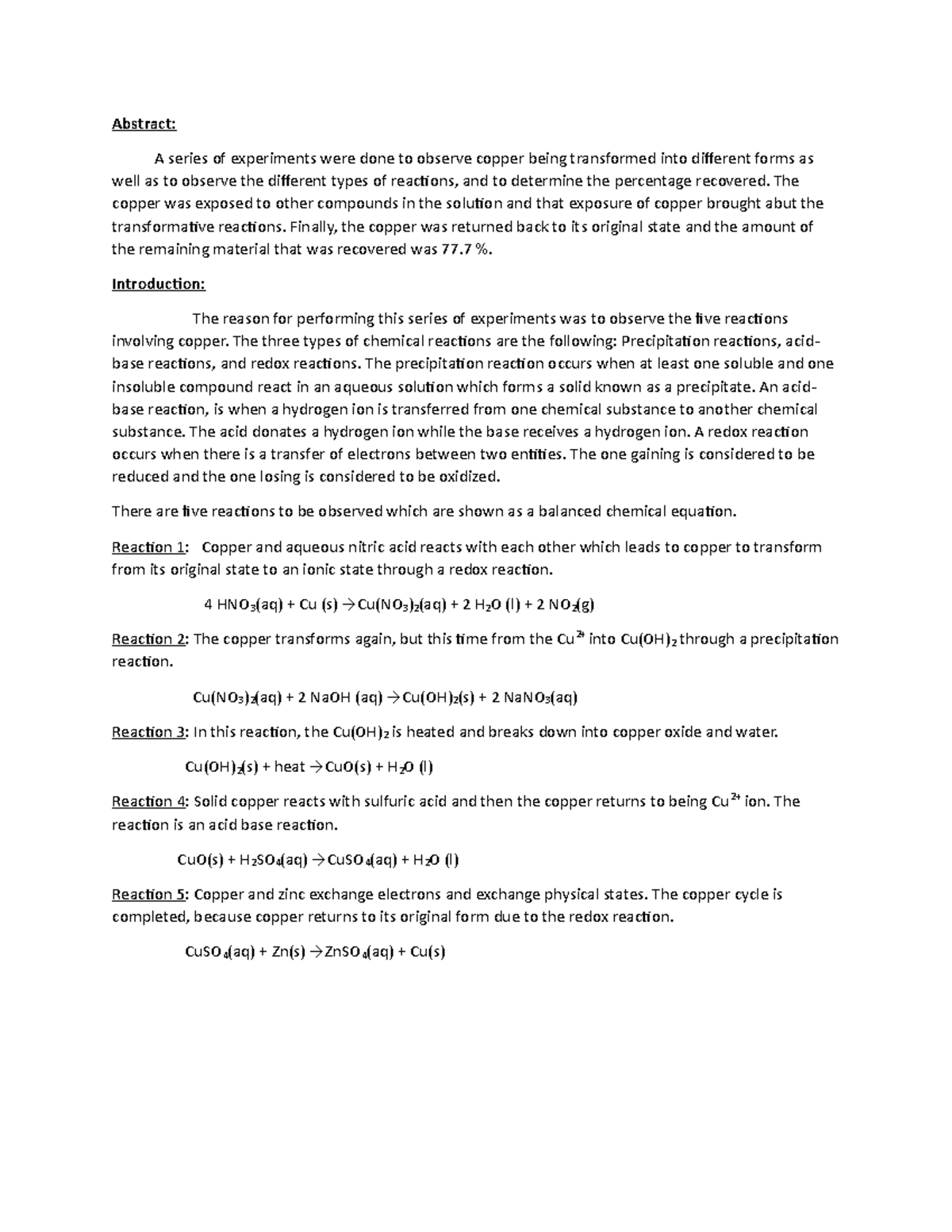 Copper Cycle Lab Report: Transformations and Chemical Reactions ...