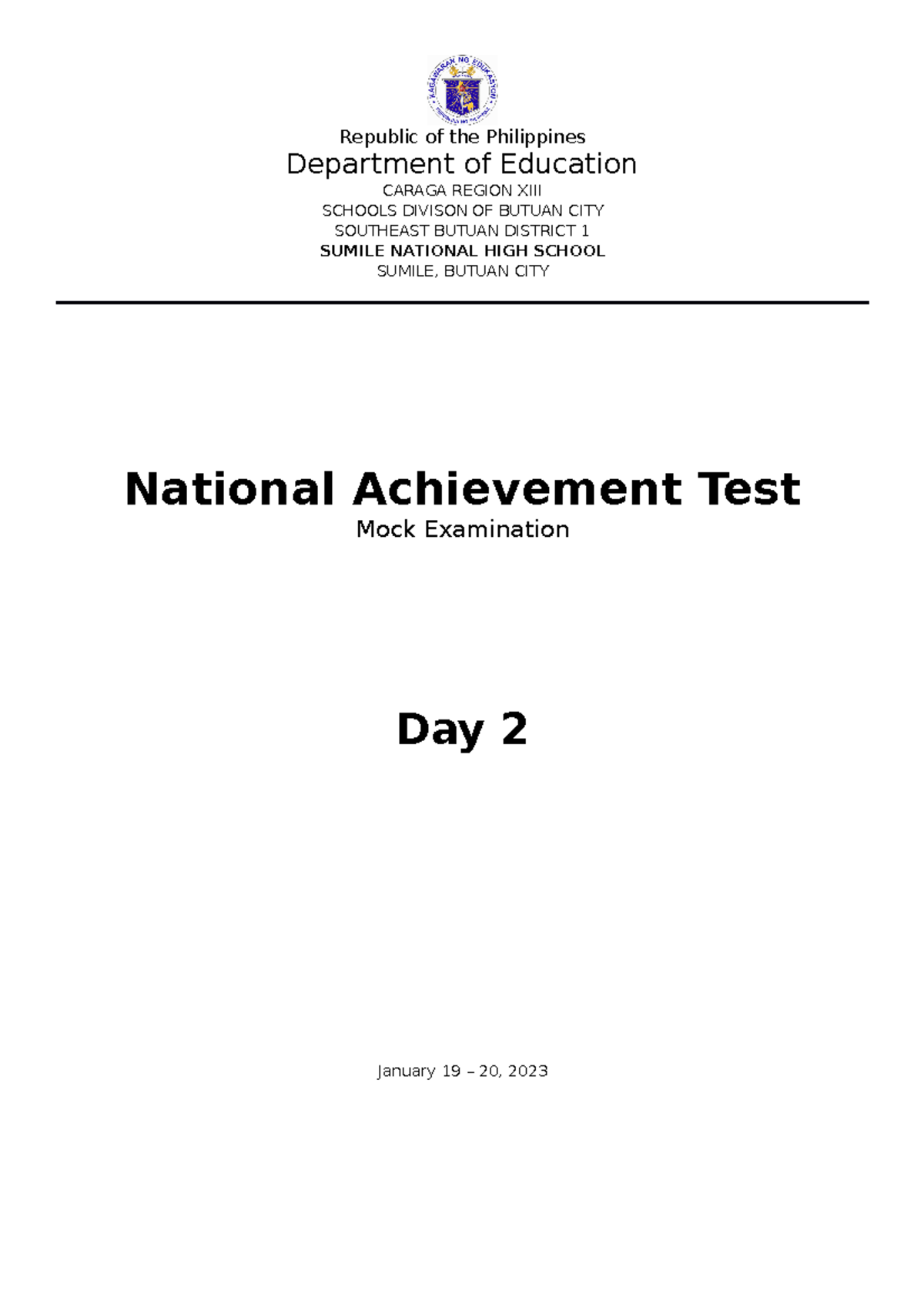 National Achievement Test Mock Exam - Day 2 - NAT MOCK EXAM - Studocu