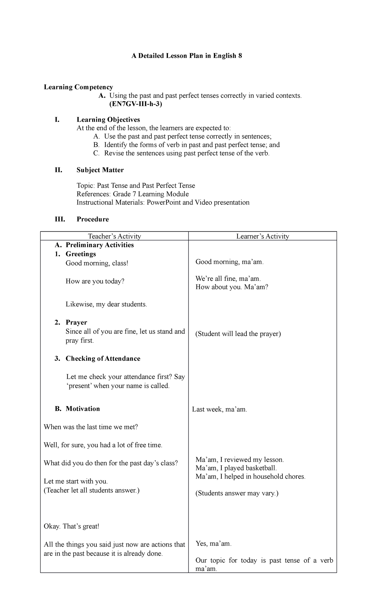 Simple past and Past perfect tense LP - A Detailed Lesson Plan in ...