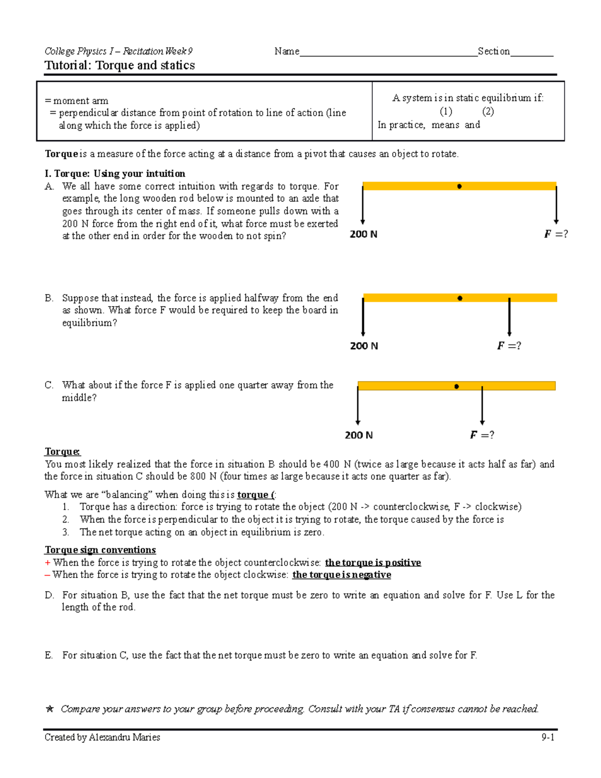 CP1 Recitation tutorial - Week 09 - Torque and statics - shortened to 4 pages - College Physics ...