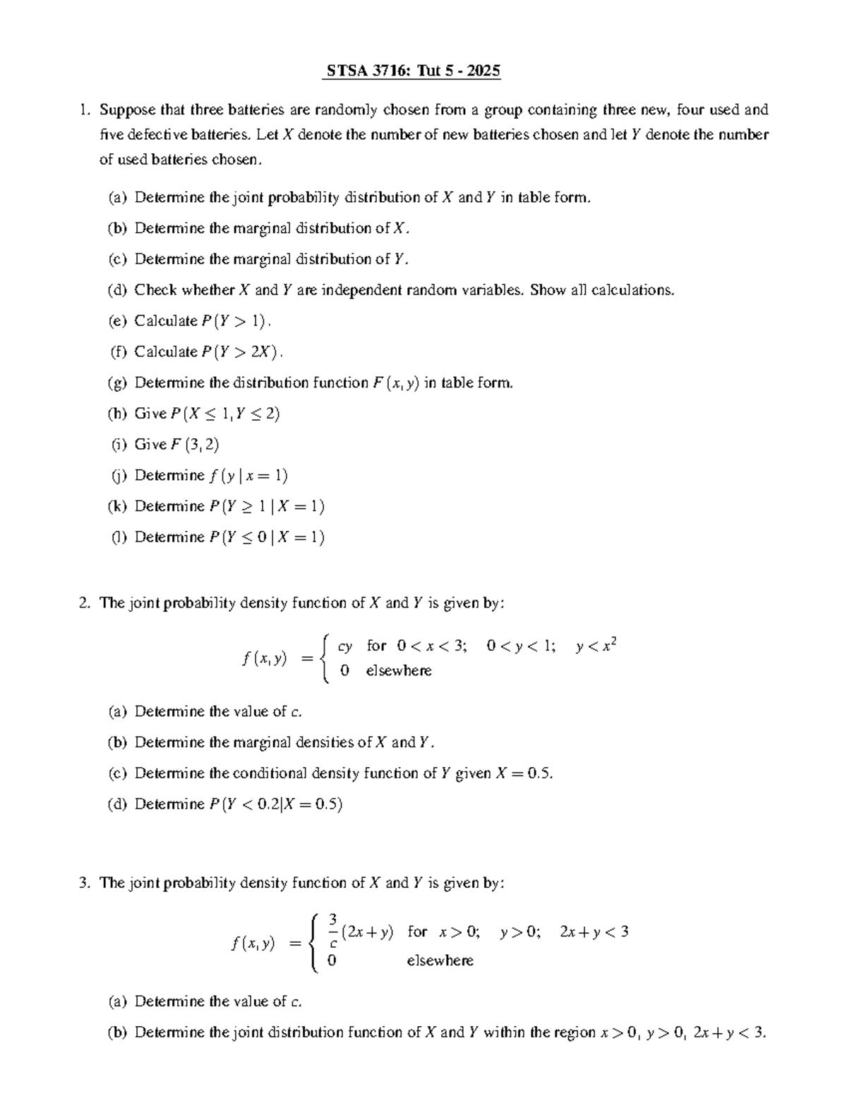 STSA 3716: Tutorial 5 - Joint Probability Distributions and Densities - Studocu
