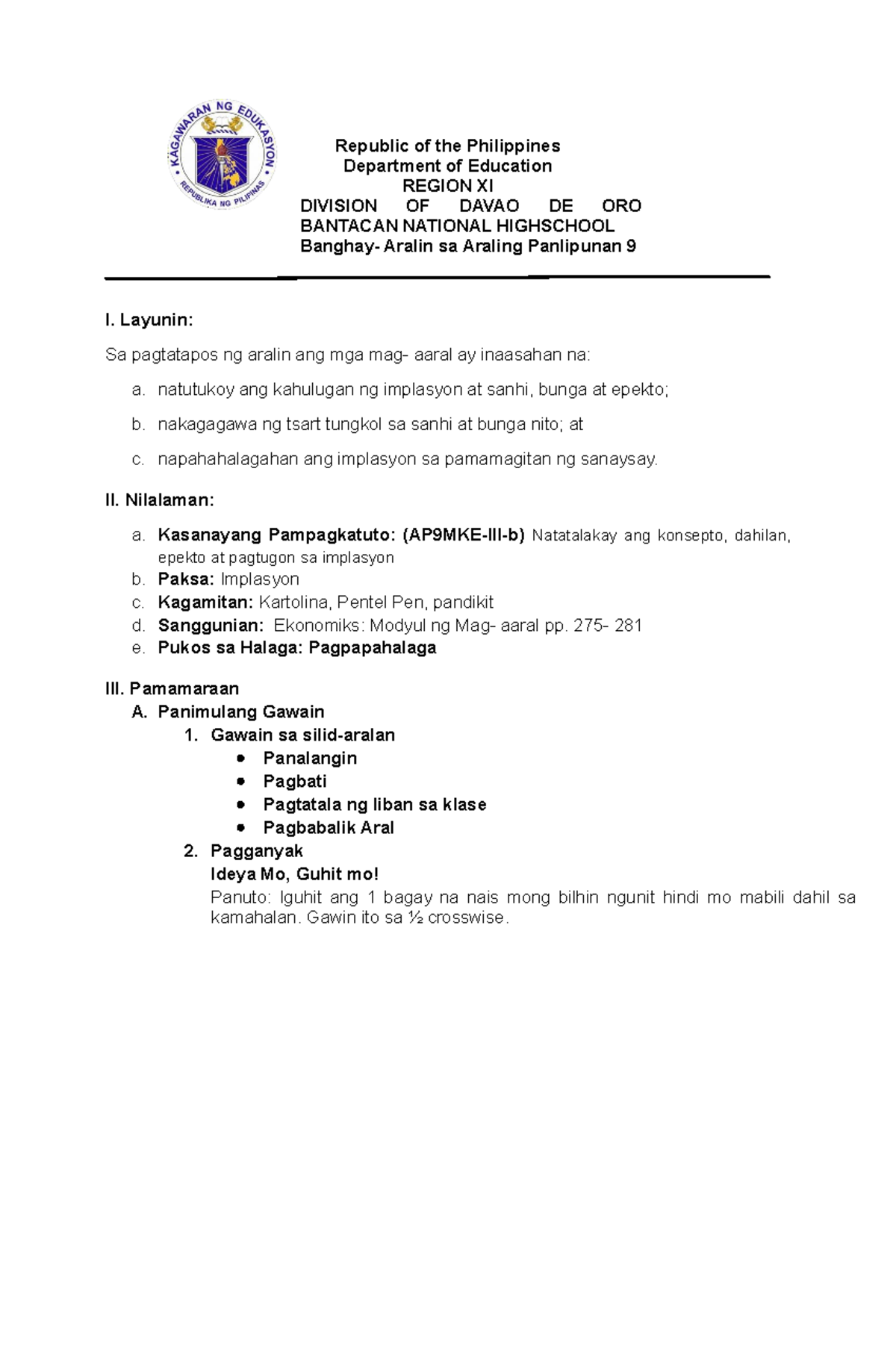 AP 9 Q3 M4 LP: Implasyon at Mga Gawain sa Ekonomiks - Banua - Studocu