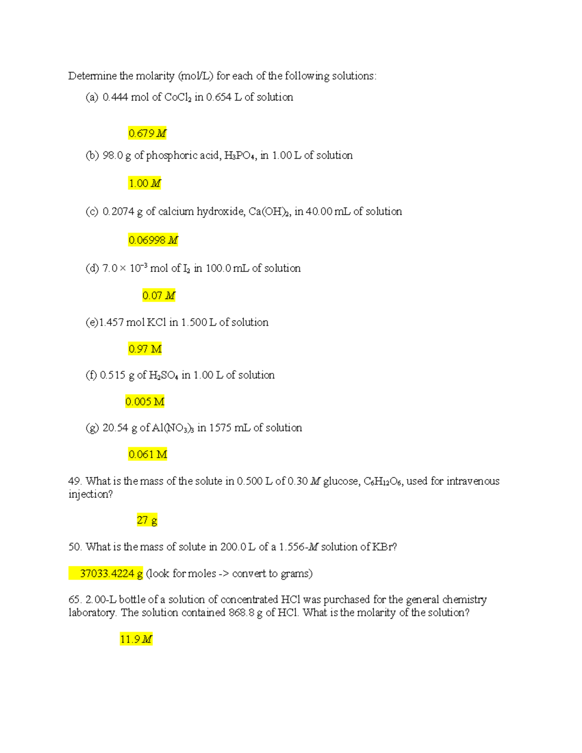 CHEM PLTL Worksheet 7 Key: Molarity Calculations and Solutions - Studocu