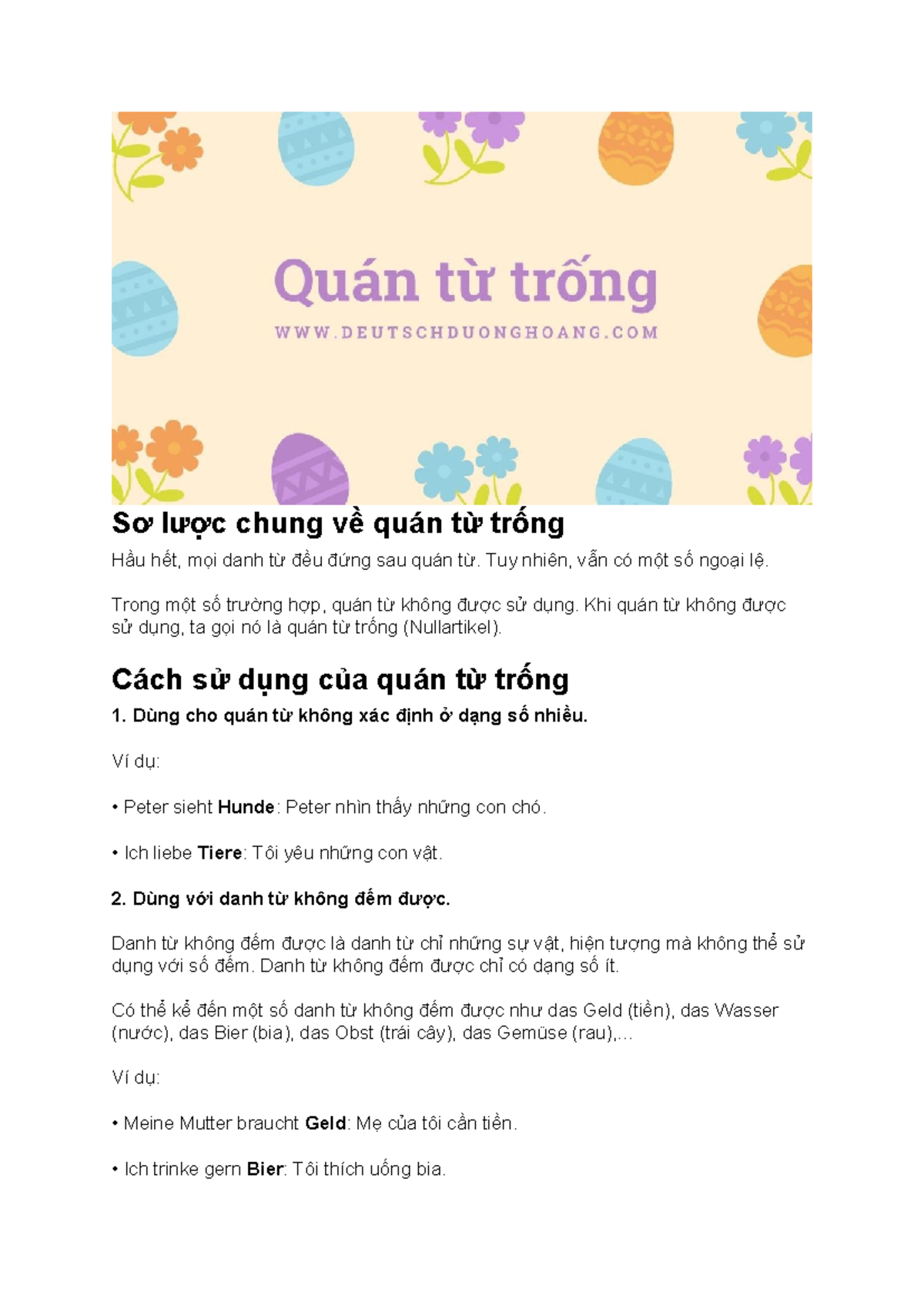 Quán từ trống (Nullartikel) - Sơ lược chung về quán từ trống Hầu hết ...