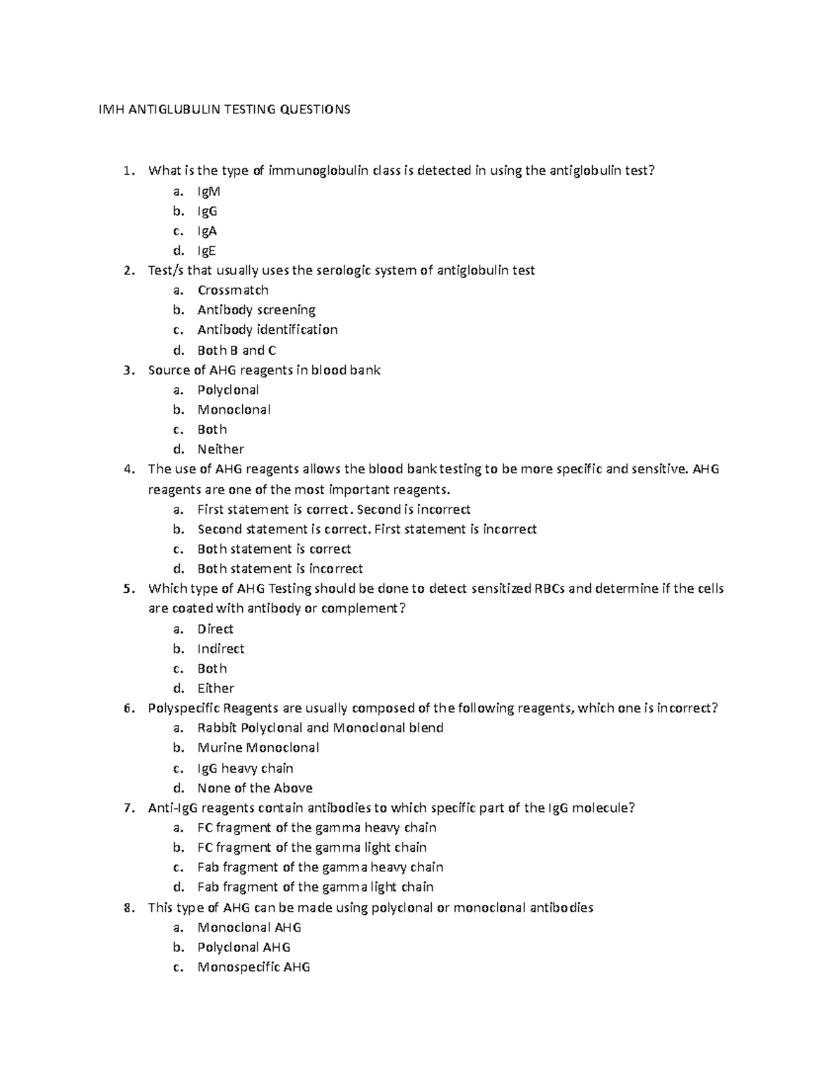 AHG Laboratory Sheet Questions - Immunoglobulin Testing Guide - Studocu
