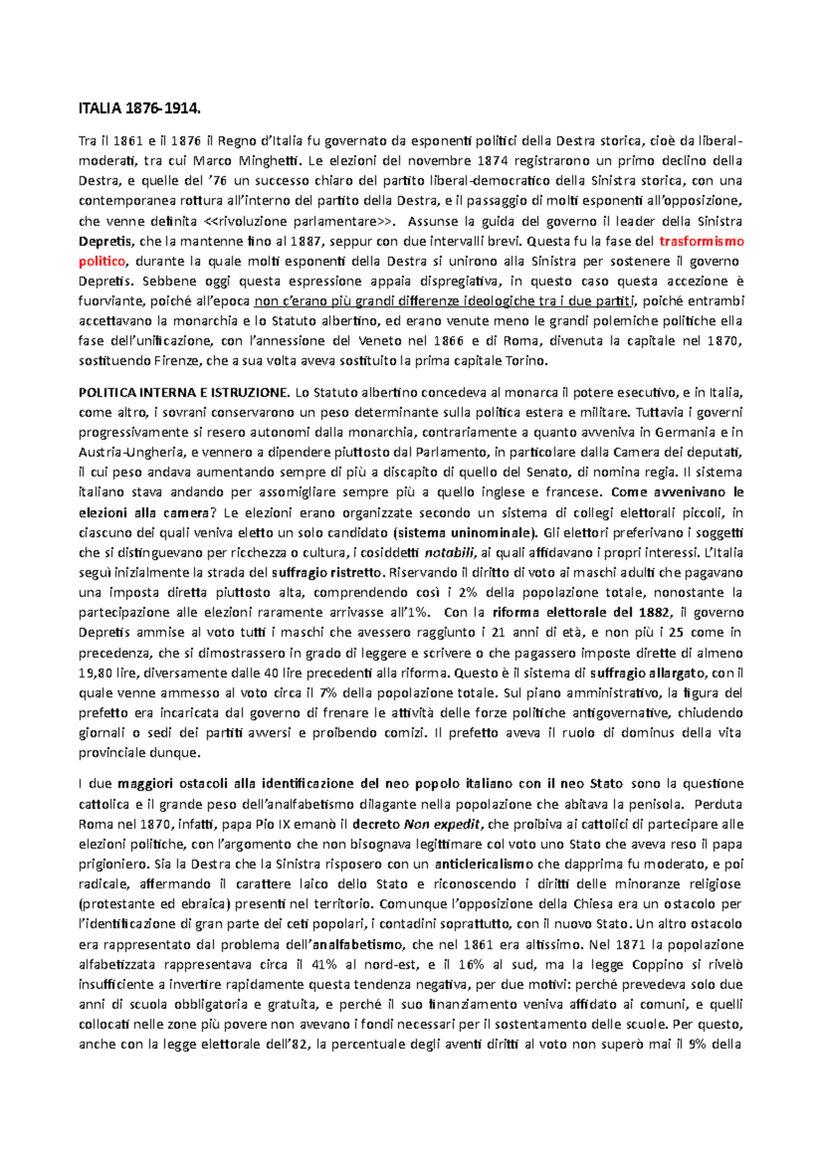 Capitolo 9, Italia 1870-1908 - ITALIA 1876-1914. Tra il 1861 e il 1876 ...