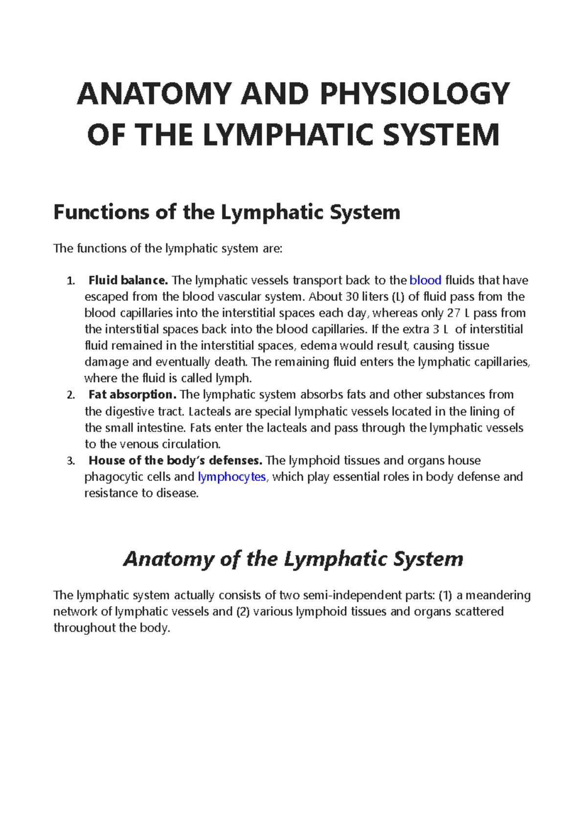 Anatomy AND Physiology OF THE Lymphatic System - ANATOMY AND PHYSIOLOGY ...
