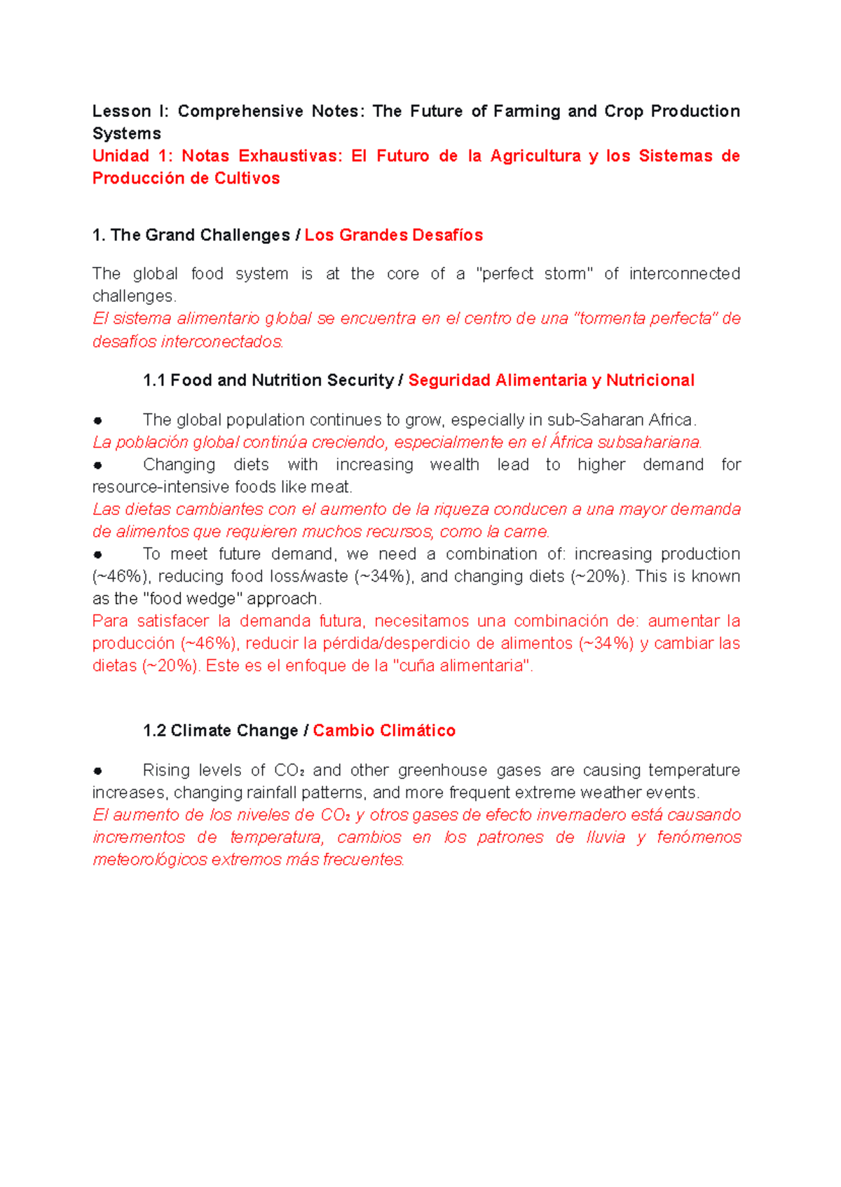 Lesson I: Comprehensive Notes on Future Farming Systems (Unidad 1 ...