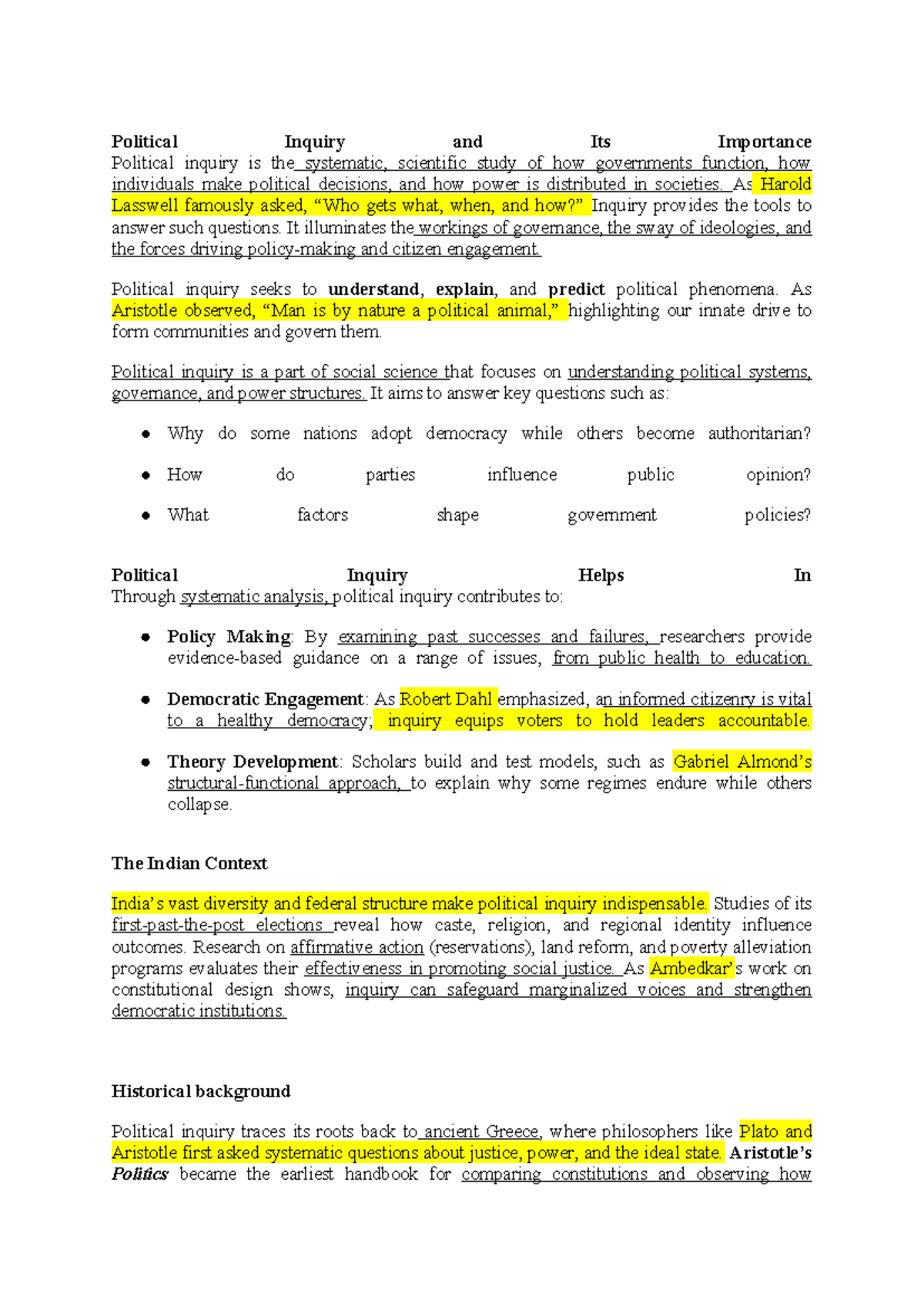 Political Inquiry: Understanding Governance, Power, and Democracy - Studocu