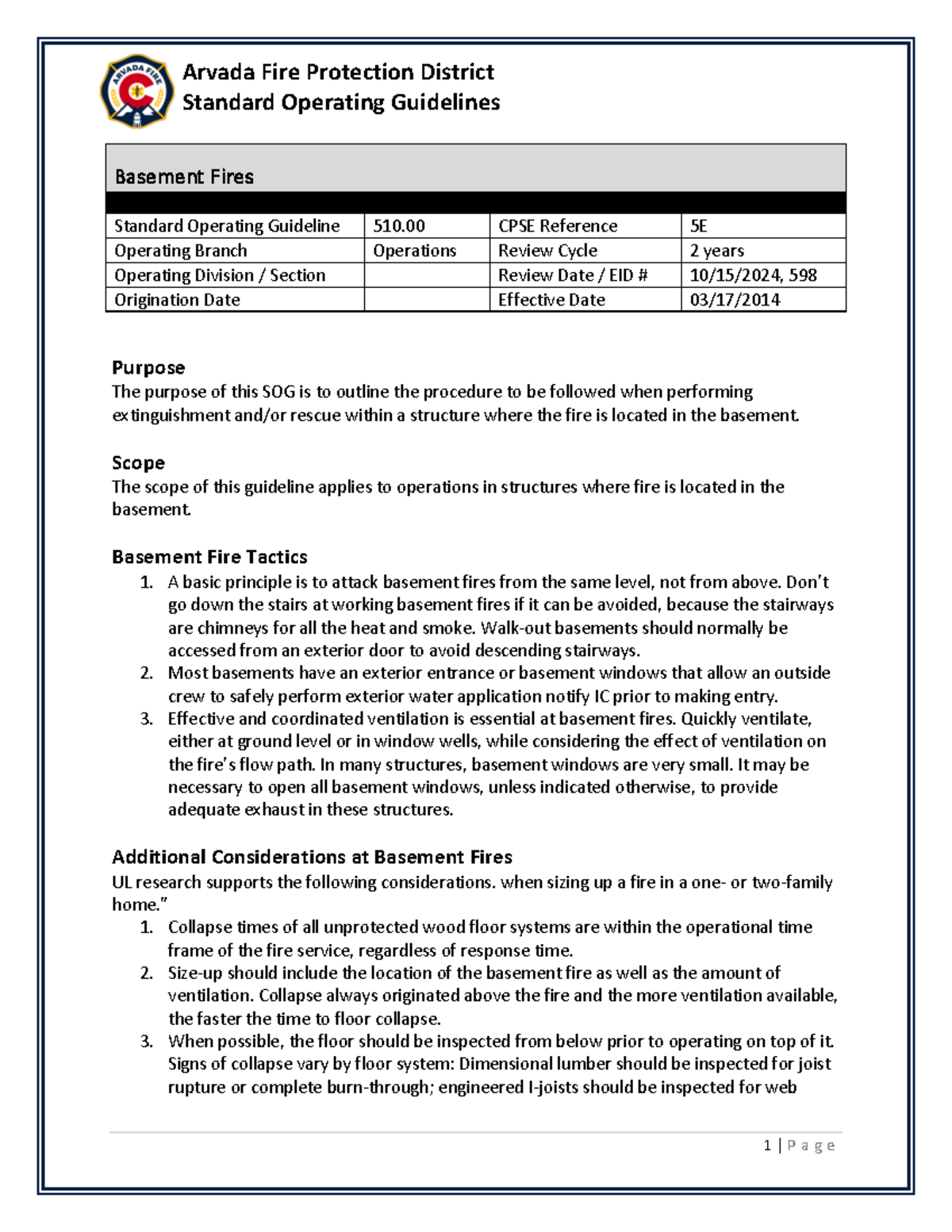 Basement Fire Operations & Safety Protocols (SOG 510.00) - Studocu
