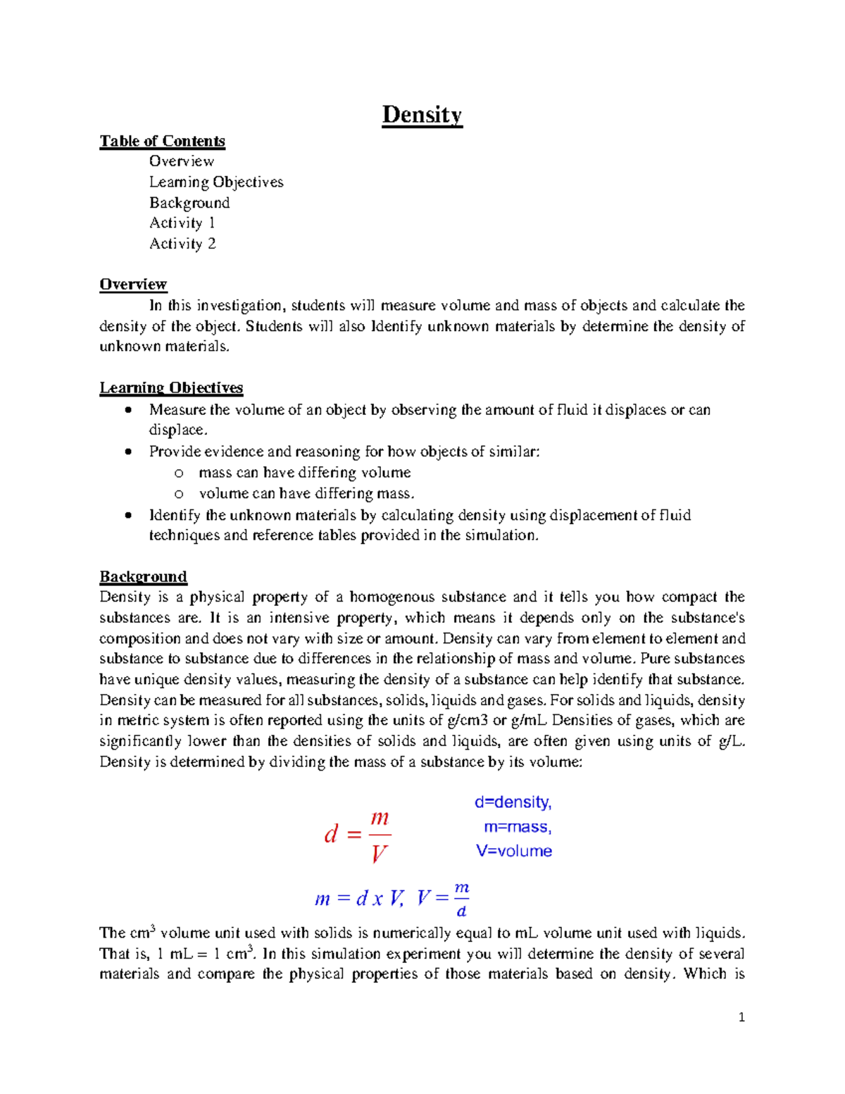 Density Simulation Experiment 2-2: Understanding Physical Properties ...