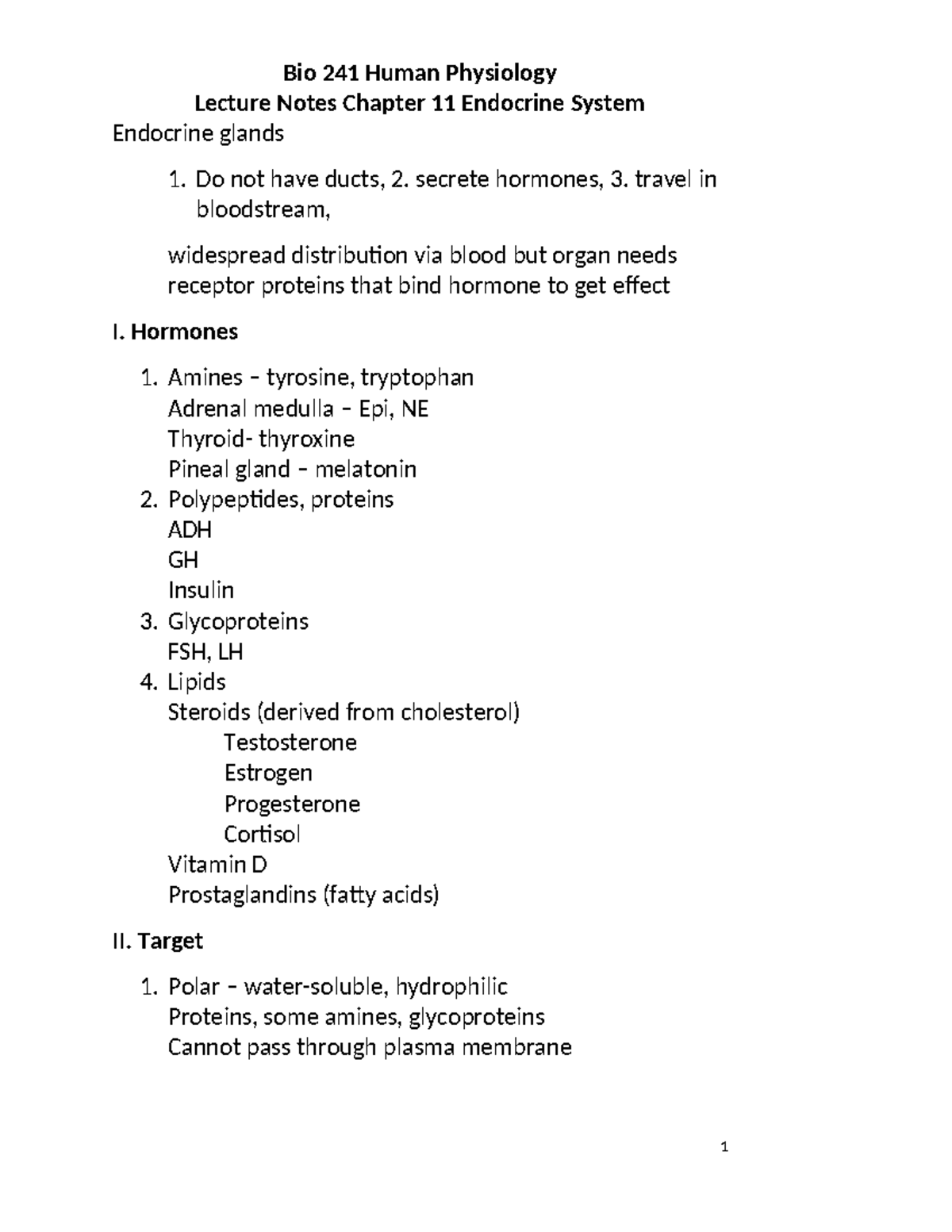 Bio 241 Human Physiology Lecture Notes: Ch 11 Endocrine System - Studocu