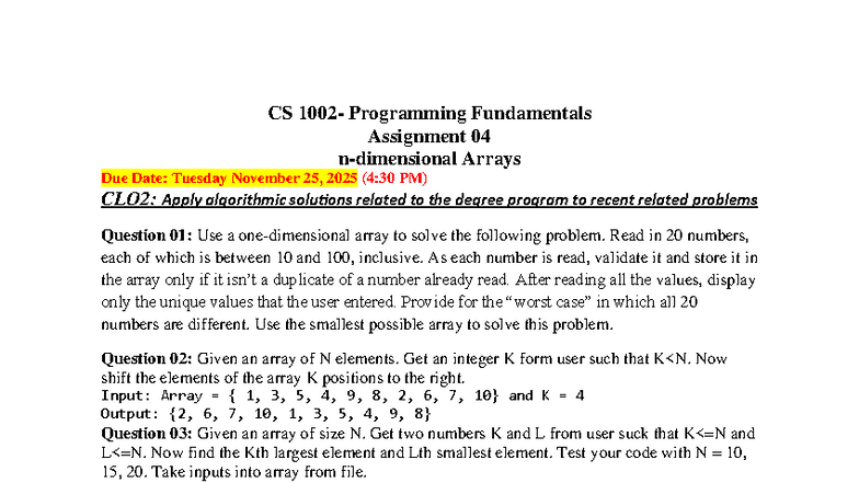 CS Programming Fundamentals (CS101) Assignment 04: Arrays Solutions ...