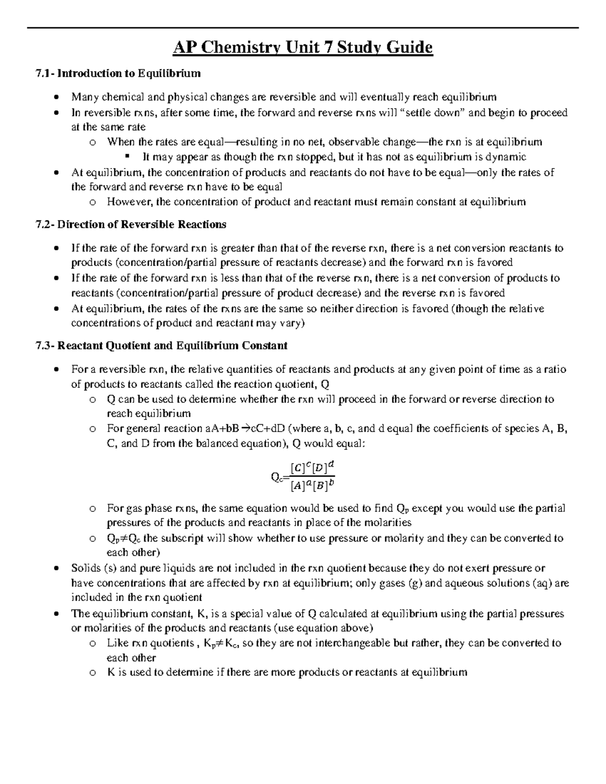 AP Chem Unit 7 Study Guide: Introduction to Equilibrium Concepts - Studocu