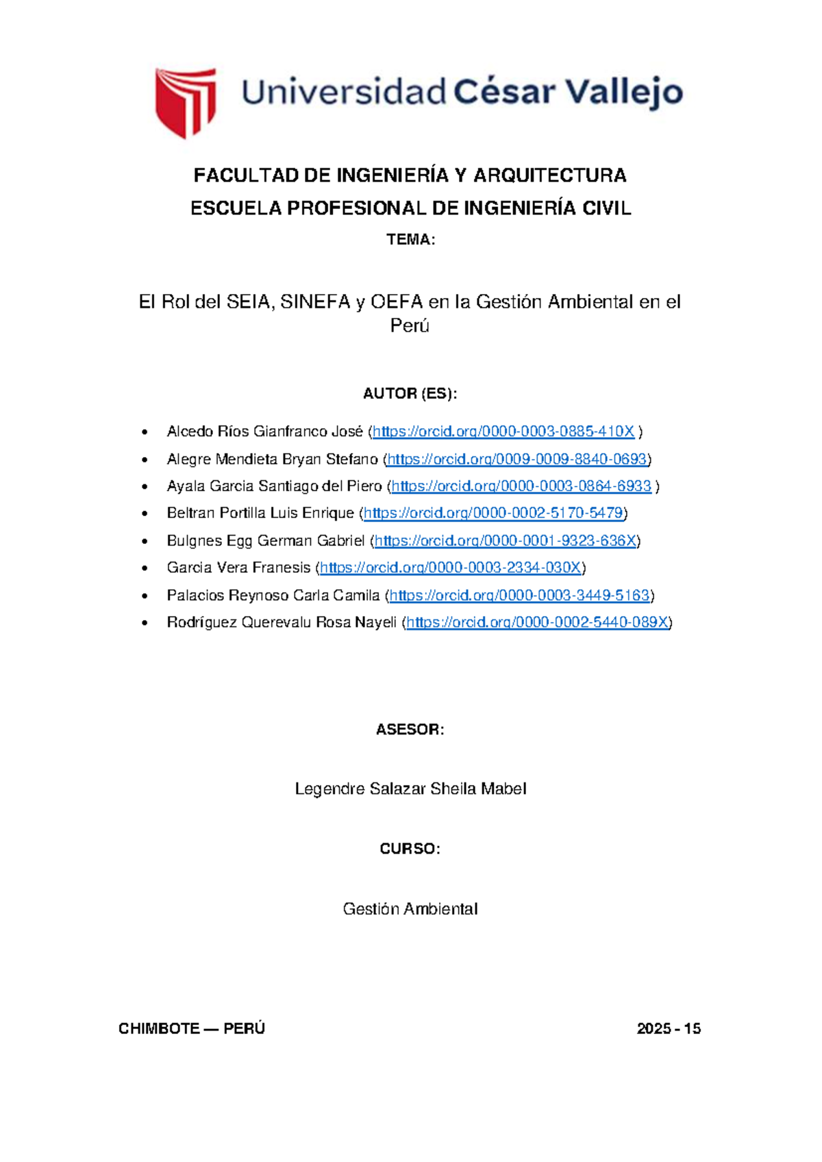 Gestión Ambiental en Perú: Rol del SEIA, SINEFA y OEFA - Curso GA - Studocu
