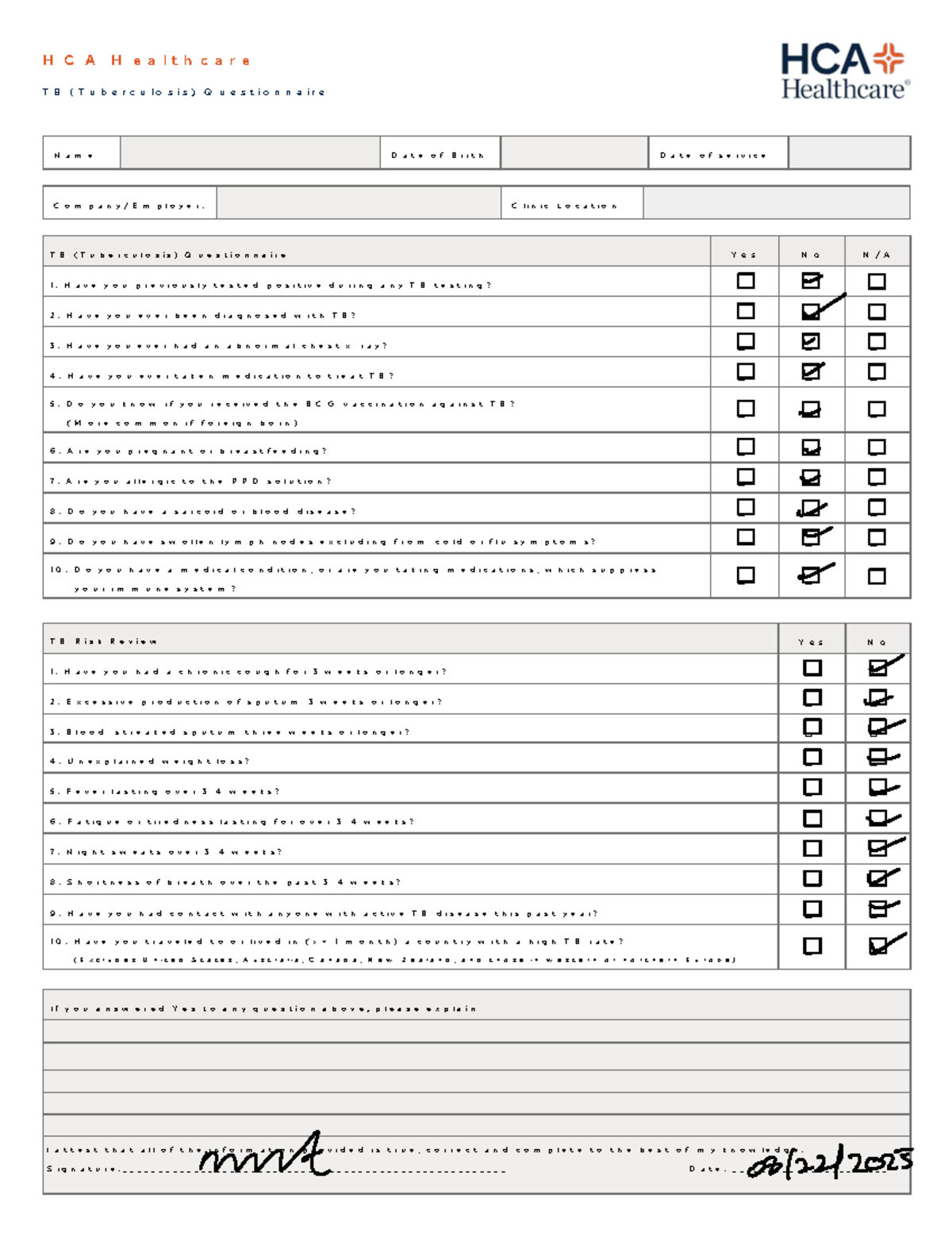 HCA Healthcare TB Questionnaire - Patient Risk Assessment Notes - Studocu