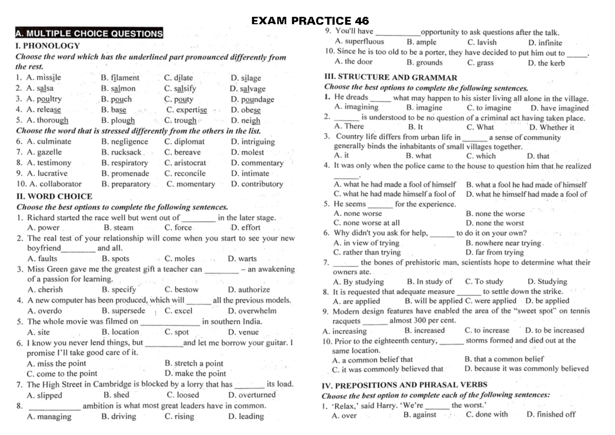 EXAM Practice 46 - Phonology & Word Choice Questions - Studocu