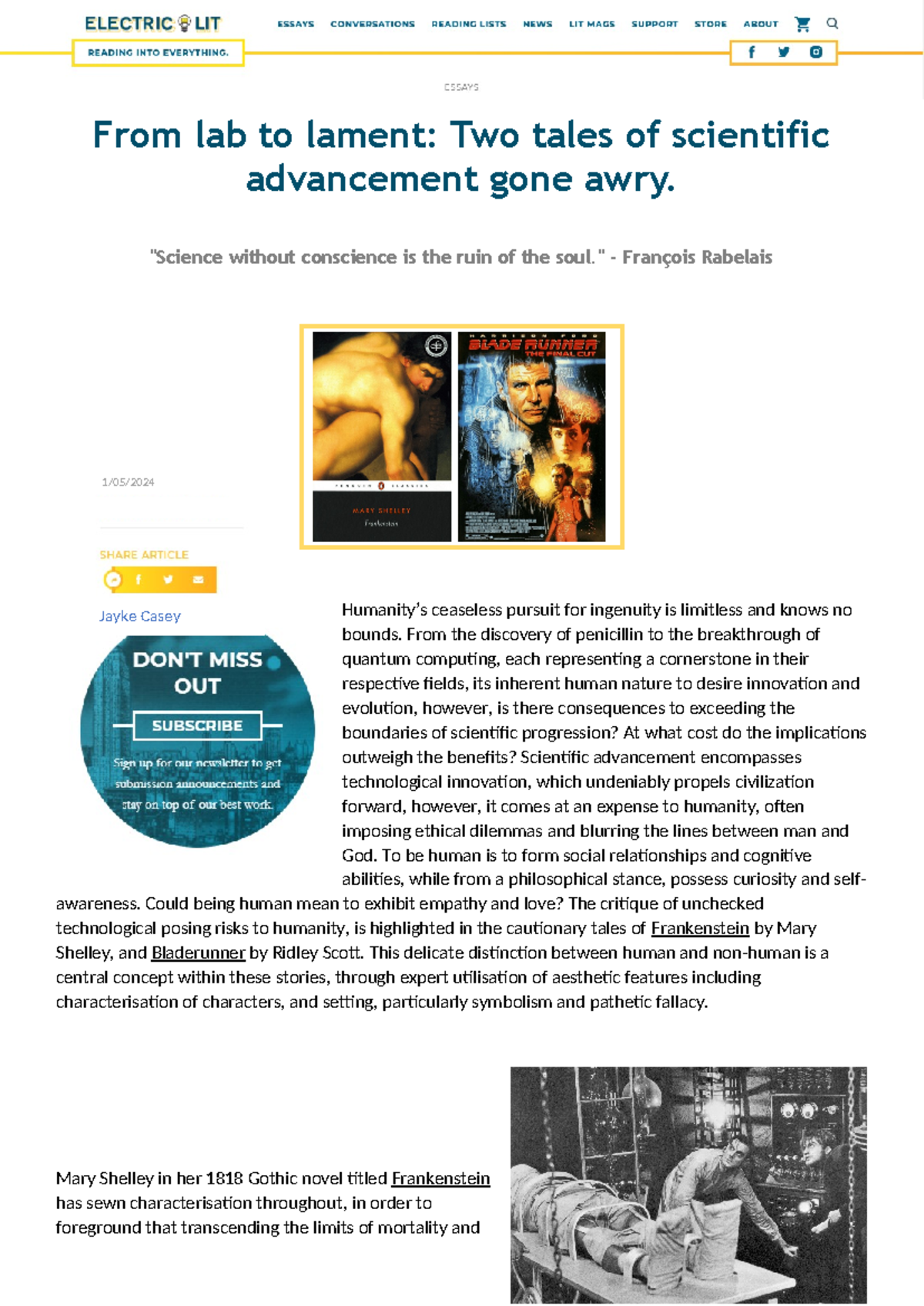 Frankenstein & Bladerunner: A Comparative Study of Science's Cost - Studocu