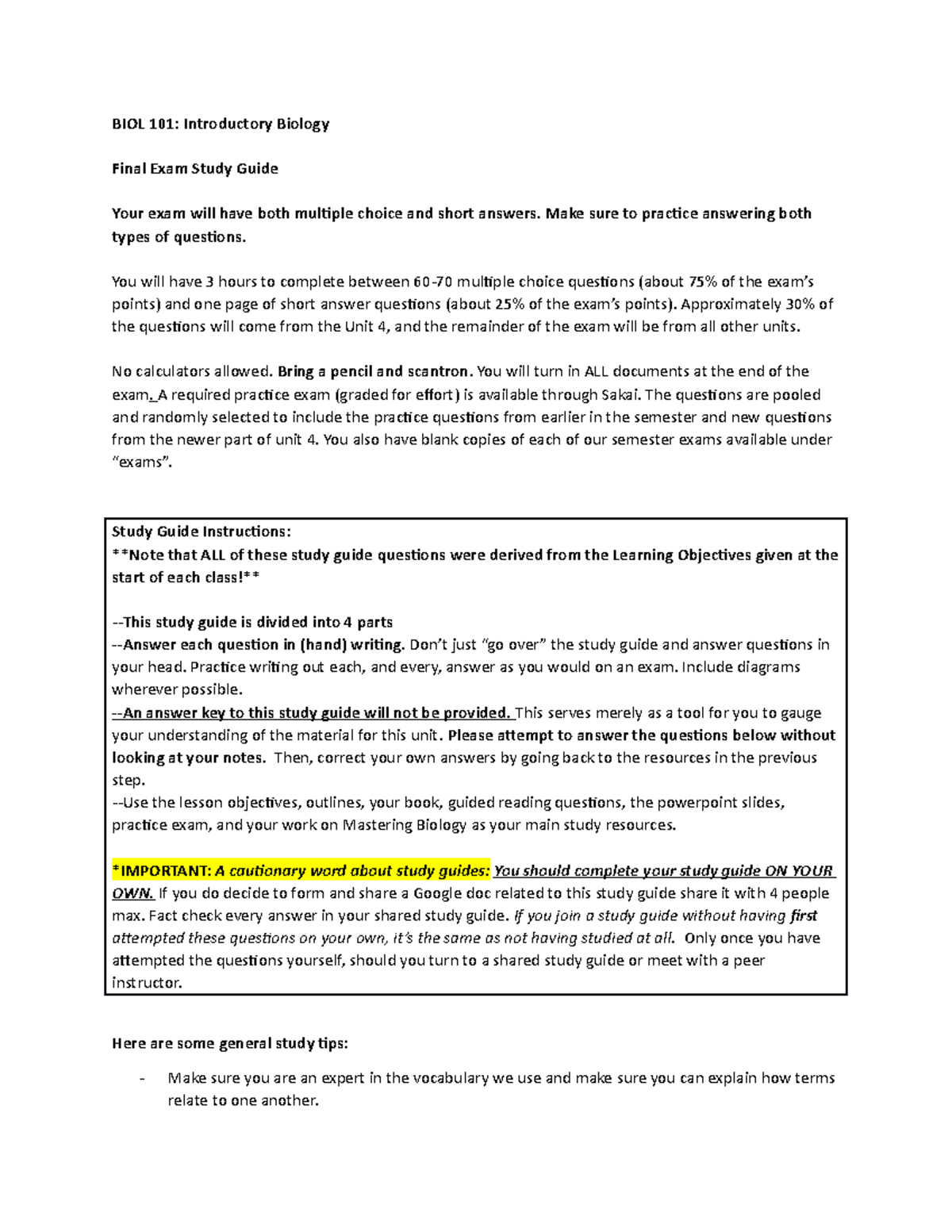 BIOL 101 Final Exam Study Guide - BIOL 101: Introductory Biology Final Exam Study Guide Your ...
