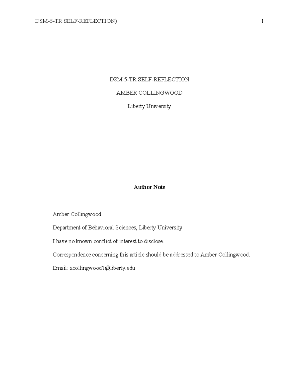 DSM4 - dsm 5 ASSIGNMENT - DSM-5-TR SELF-REFLECTION AMBER COLLINGWOOD ...