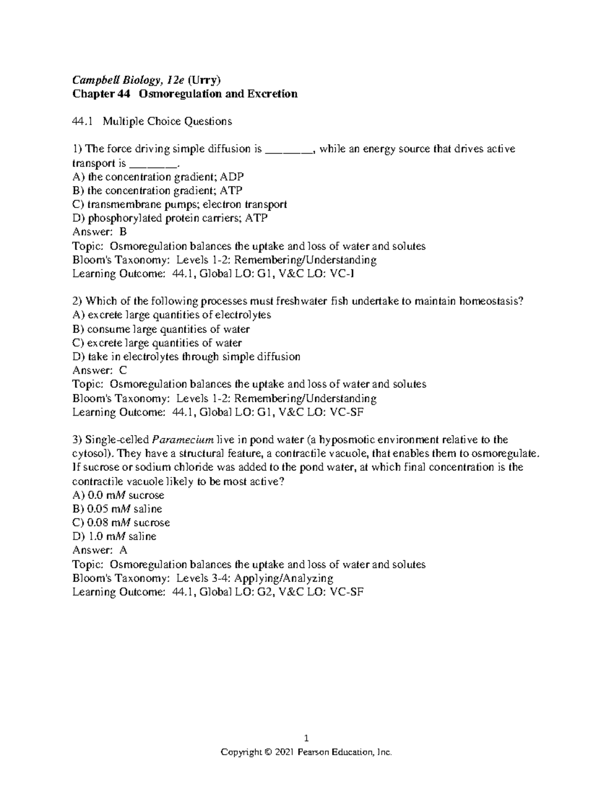 Campbell Biology, 12e (Urry) Chapter 44: Excretory System MCQs - Studocu