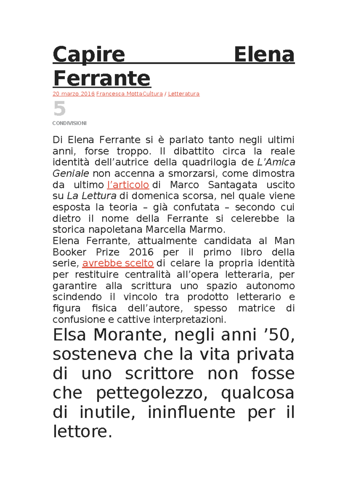 Capire Elena Ferrante: Analisi e Riflessioni sulla Quadrilogia - Studocu