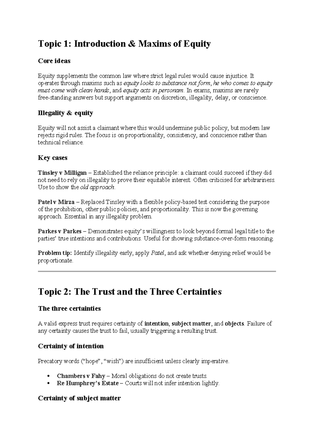 Equity Case Law Summaries (Topics 1-9) for Law 101 - Studocu