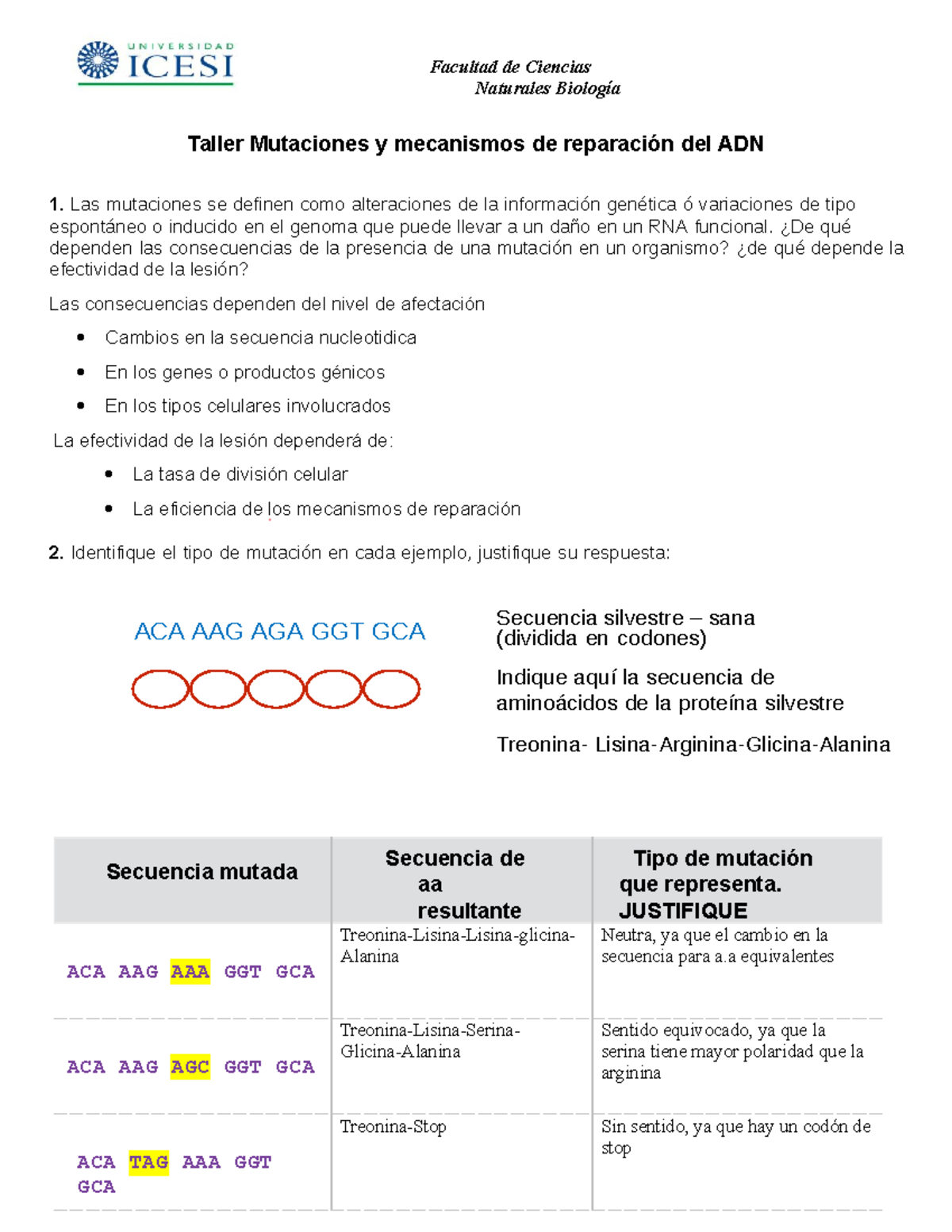 Taller de Mutaciones y Reparación del ADN 2022 - Biología CN - Studocu