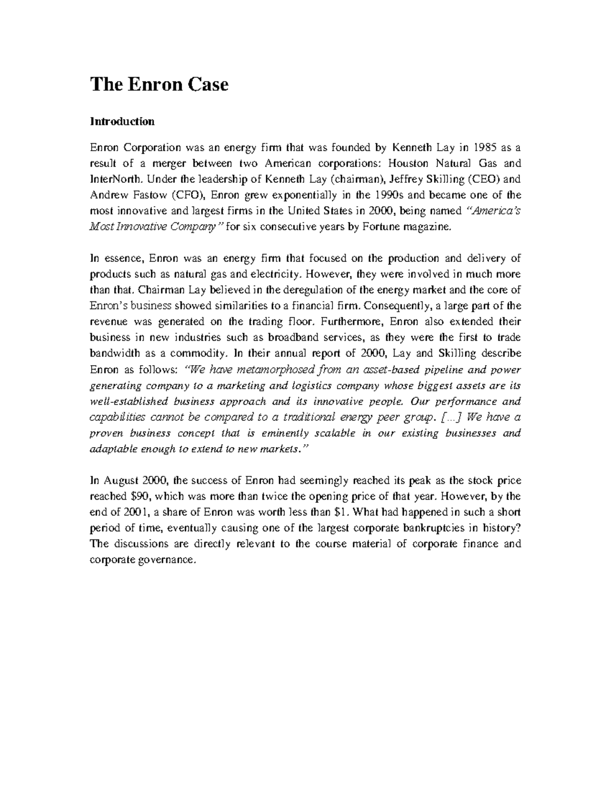 Enron Case Study: Corporate Finance & Governance Issues - Studeersnel