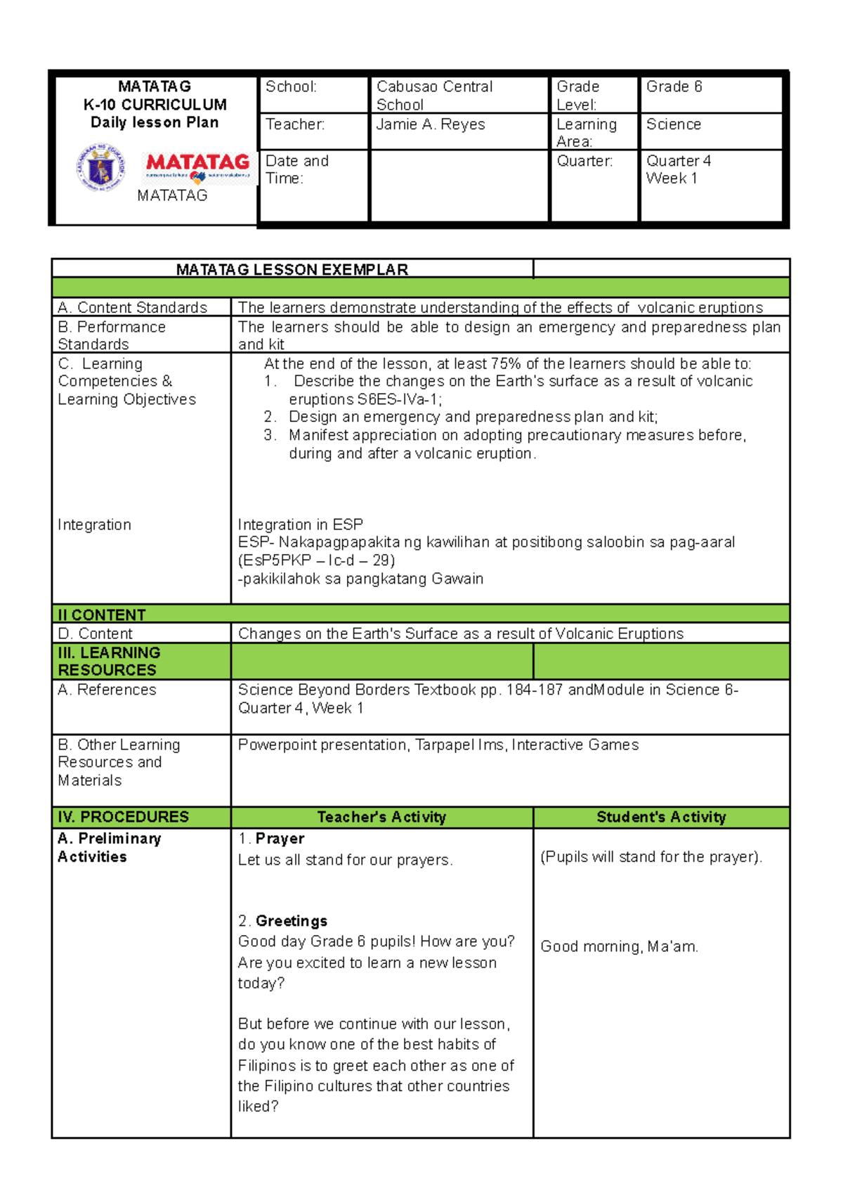 Q4-SCI 6 - Lesson Plan on Volcanic Eruptions and Safety Preparedness ...
