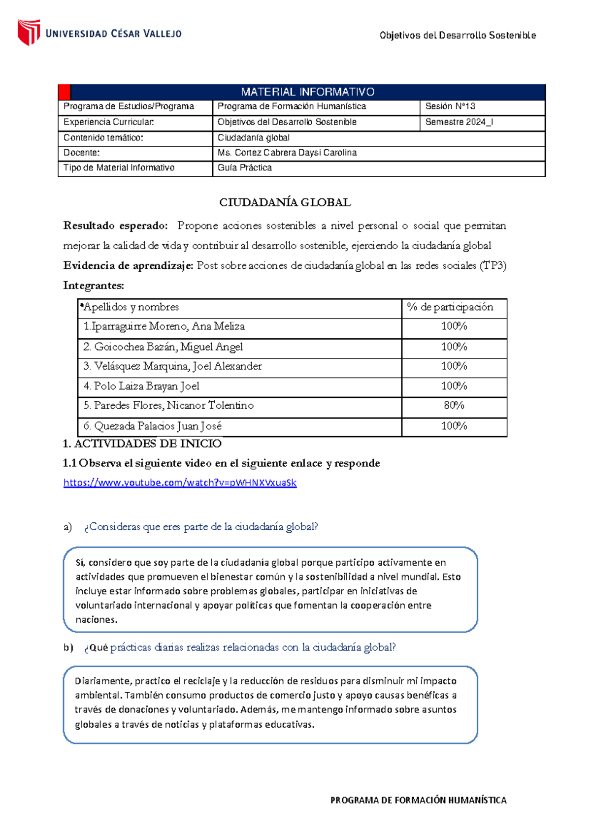 Guía Práctica N° 13: Ciudadanía Global y ODS - Semestre 2024_I - Studocu