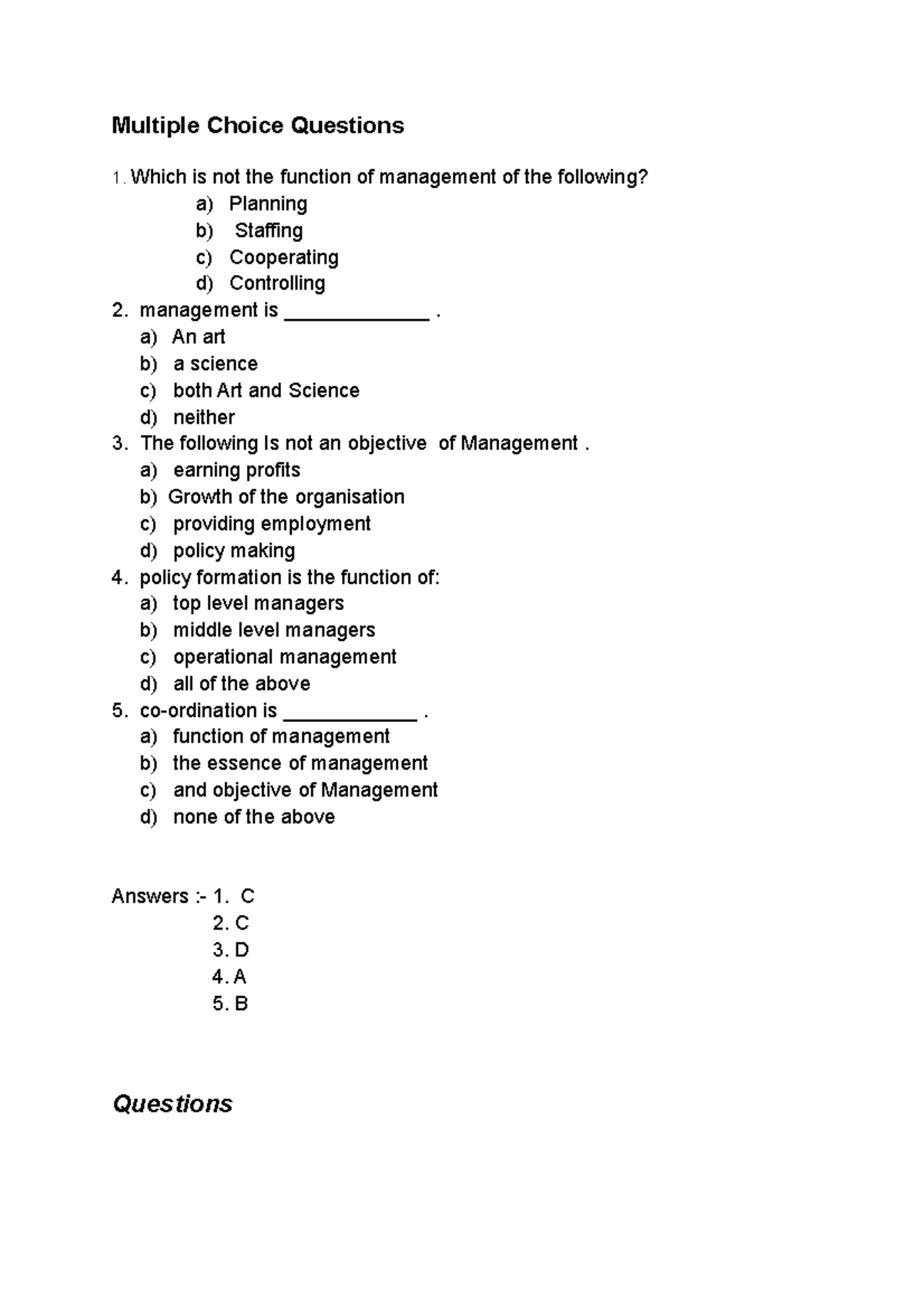 Management Principles and Multiple Choice Questions (Course Code ...