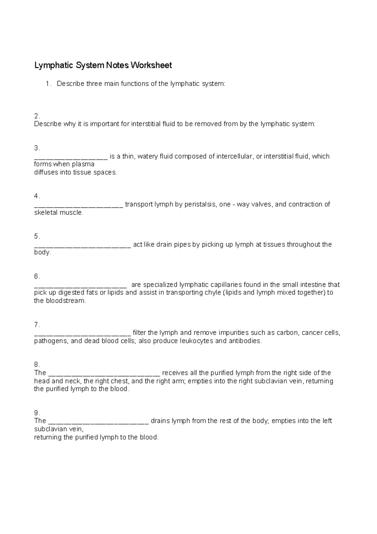 Lymphatic System Notes Worksheet - Describe three main functions of the ...