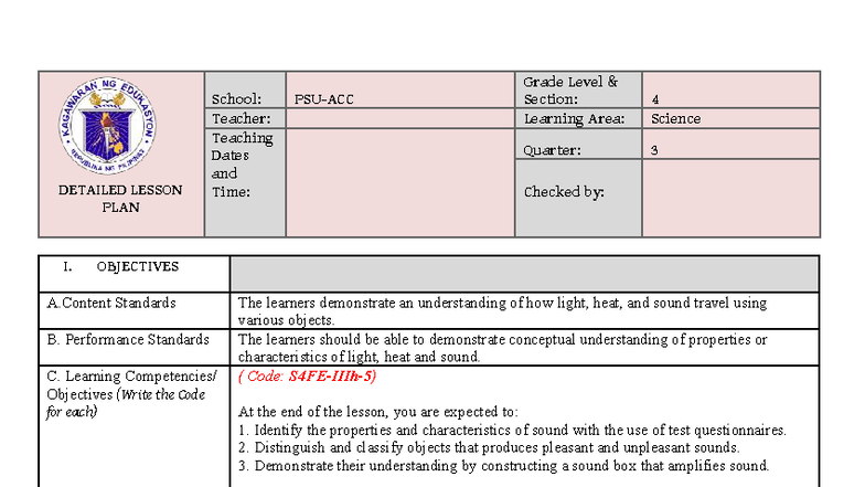 7Es DLP Science 4: Properties of Sound Lesson Plan - Studocu