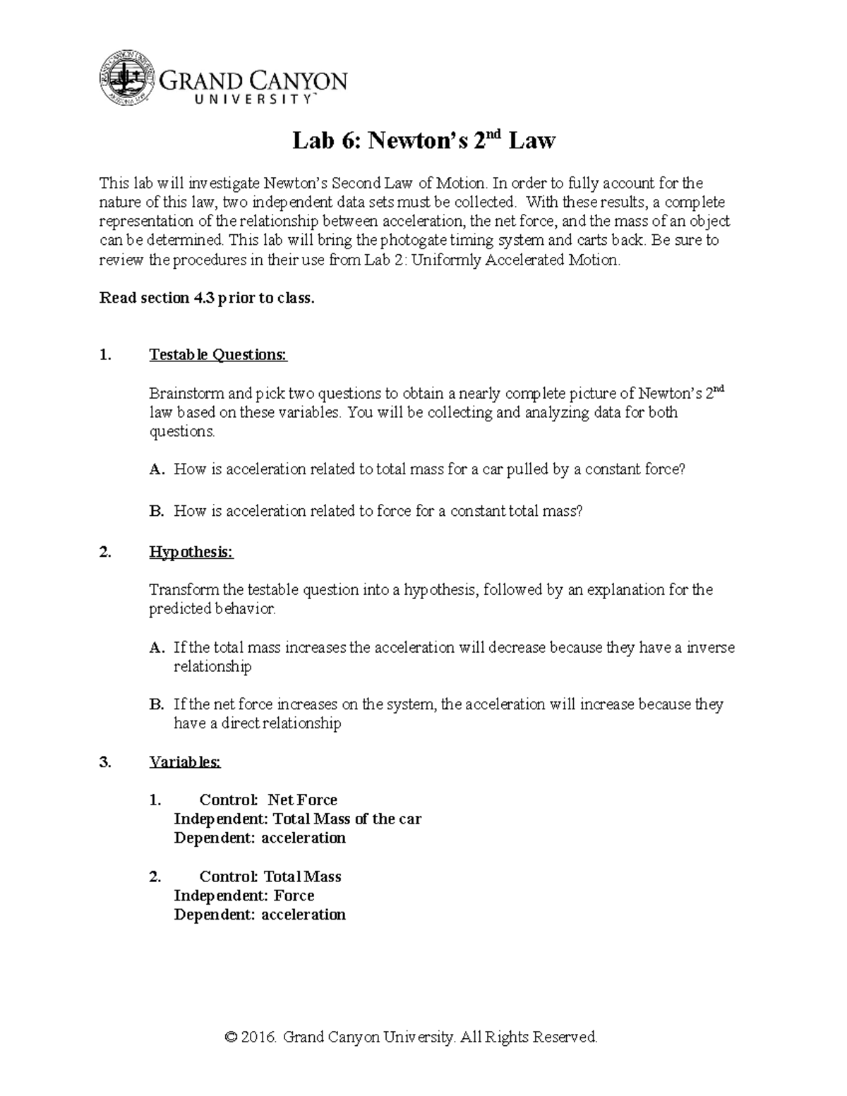 Lab 6- Newton’s 2nd Law of Motion- PHY-111L - Lab 6: Newton’s 2 nd Law ...